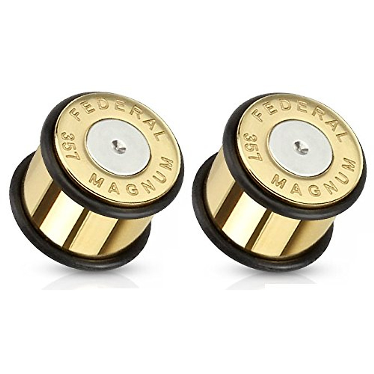 Pierced Owl Bullet 357 Magnum Gold Tone Large .357 Bullet Shell Ear Plugs with O-rings, Sold as a Pair (10mm (00GA))