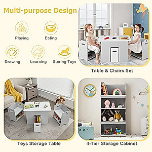 Costzon Kids Table and Chair Set, 4-in-1 Activity Table and 2 Chairs Set for Drawing, Reading, Multi-Purpose Kid’s Desk w/Lid, Removable Under Table Storage Bin, Stackable Chairs Cabinet (Grey)