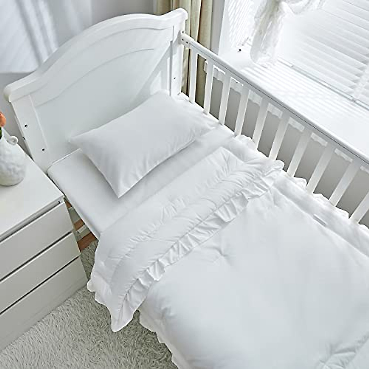 3 Pieces Crib Bedding Set Baby Ruffle Quilted Comforter with Fitted Sheet and Pillow - Cute Ruffled Shabby Chic Bedding Soft Blanket Design White