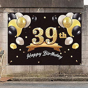 PAKBOOM Happy 39th Birthday Banner Backdrop - 39 Birthday Party Decorations Supplies for Men - Black Gold 4 x 6ft