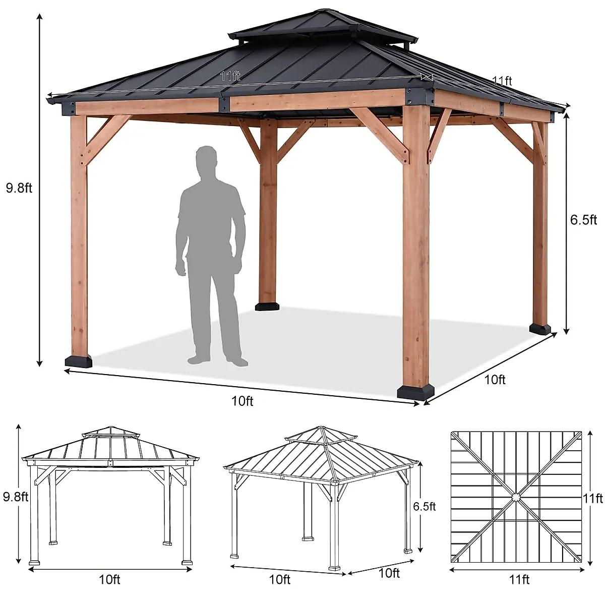 ABCCANOPY Wood Gazebo 11x11 - Outdoor Patio Wooden Gazebo with Hardtop Metal Double Roof for Garden, Backyard and Deck (Double Roof)
