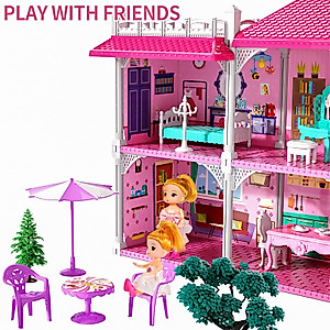 TEMI Villa Toys for 3 4 5 6 7 8 Years Old Girls - 4 Storeys 12 Rooms, Indoor Playset with 2 Dolls Toy Figures, Toys Furniture and Accessories, Pretend Girls Plays, Building Toys, Gifts Toy