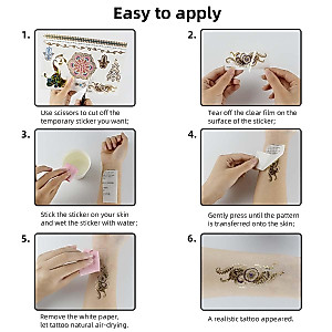 12 Sheets Flash Gold Metallic Temporary Tattoos for Women Girls Waterproof Gold Silver Tattoo Stickers for Beach Festivals Parties Long Lasting Nontoxic Glitter Fake Tattoos Exquisite Designs