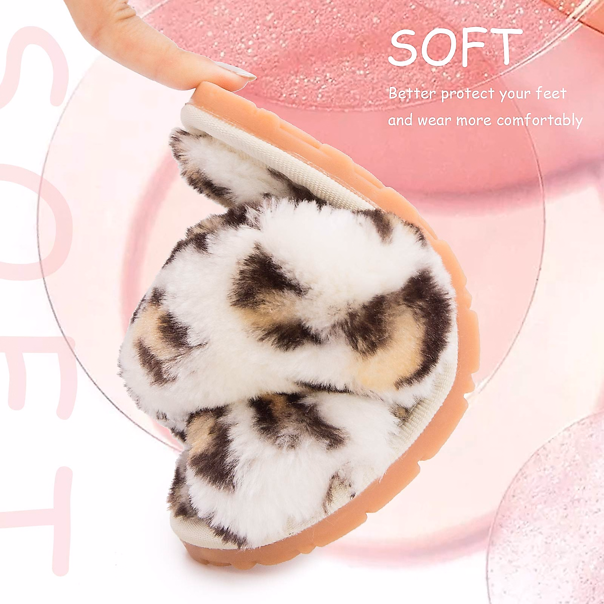 ISZPLUSH Girl's Fluffy Slippers Kids' Fuzzy Slippers Slide Sandals Leopard Tie Dye Cross Band Plush Open Toe Slip on House Bedroom Slippers (12.5-13.5 Little Kids, White Leopard, numeric_12_point_5)
