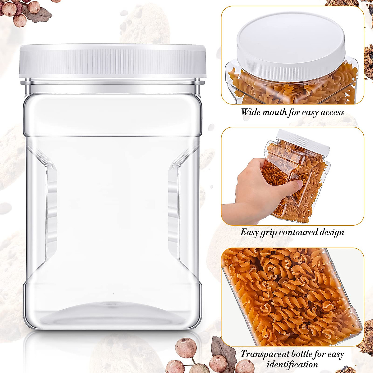6 Pcs Half Gallon Square Plastic Containers with Lids 60.8 oz Clear Plastic Jars Storage Containers Grip Jars Large Mouth Square Canisters for Food Snack Kitchen