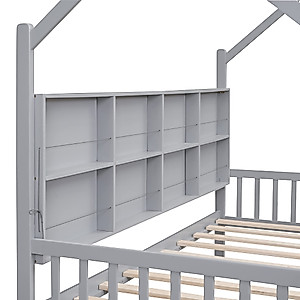 Pink House Beds with Trundle and Storage Shelves for Kids Montessori Bed Wood Playhouse Tent Bed Frame for Girls Boys, Twin Size