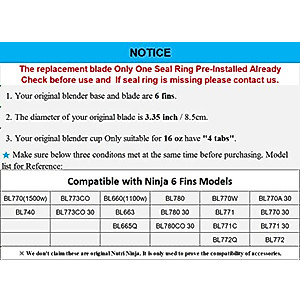 Blender Replacement Parts – 6 Fins Replacement Blade for 16Oz Ninja Cup – Stainless Steel and Food-Grade Plastic – Easy Installation – Dishwasher Safe