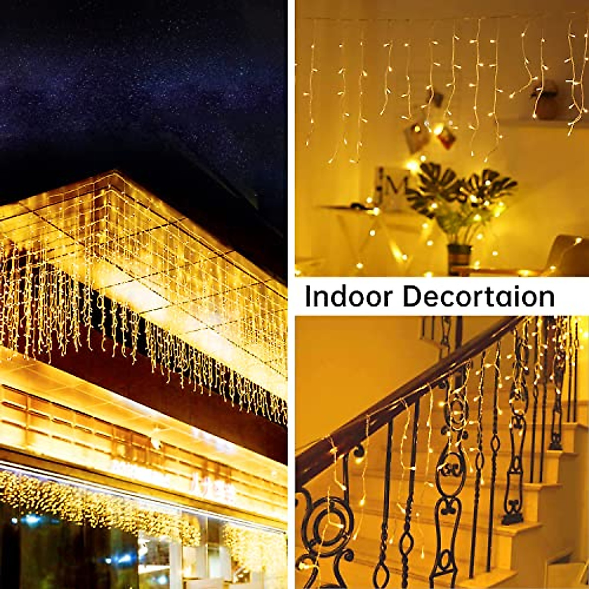 Blingstar Icicle Lights 32.8Ft 300 Led 8 Modes Christmas Lights Plug in Warm White String Lights for Christmas Wedding Party Home Garden Bedroom Indoor Outdoor Decoration