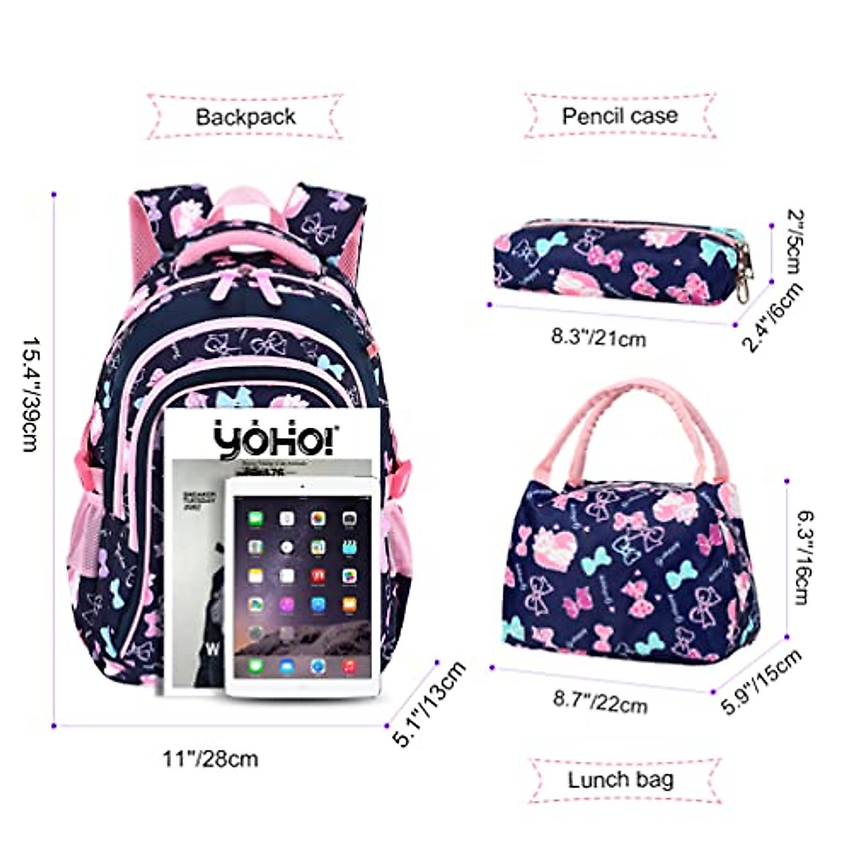Atarni School Backpack Girls Set Bookbag - with Lunch Bag & Pencil Case Bookbags Middle Elementary Preschool Kindergarten Supplies for Teen Little Children Student (Blue)