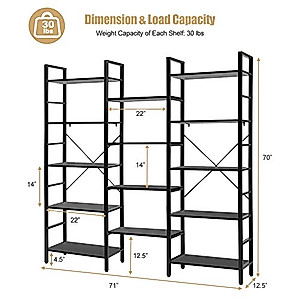 Tangkula Triple Wide 5-Tier Bookcase, Large Open Bookshelf, Display & Storage Shelf, Vintage Industrial Style Shelves with Metal Frame, Bookcase Furniture for Living Room, Study, Office (Black)