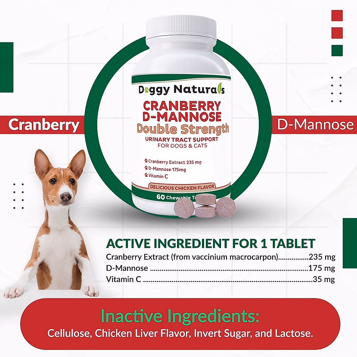 Cranberry D-Mannose for Dogs and Cats Urinary Tract Infection Support Prevents and Eliminates UTI, Bladder Infection Kidney Support, Antioxidant (Double Strength Tablet, 60 Count)