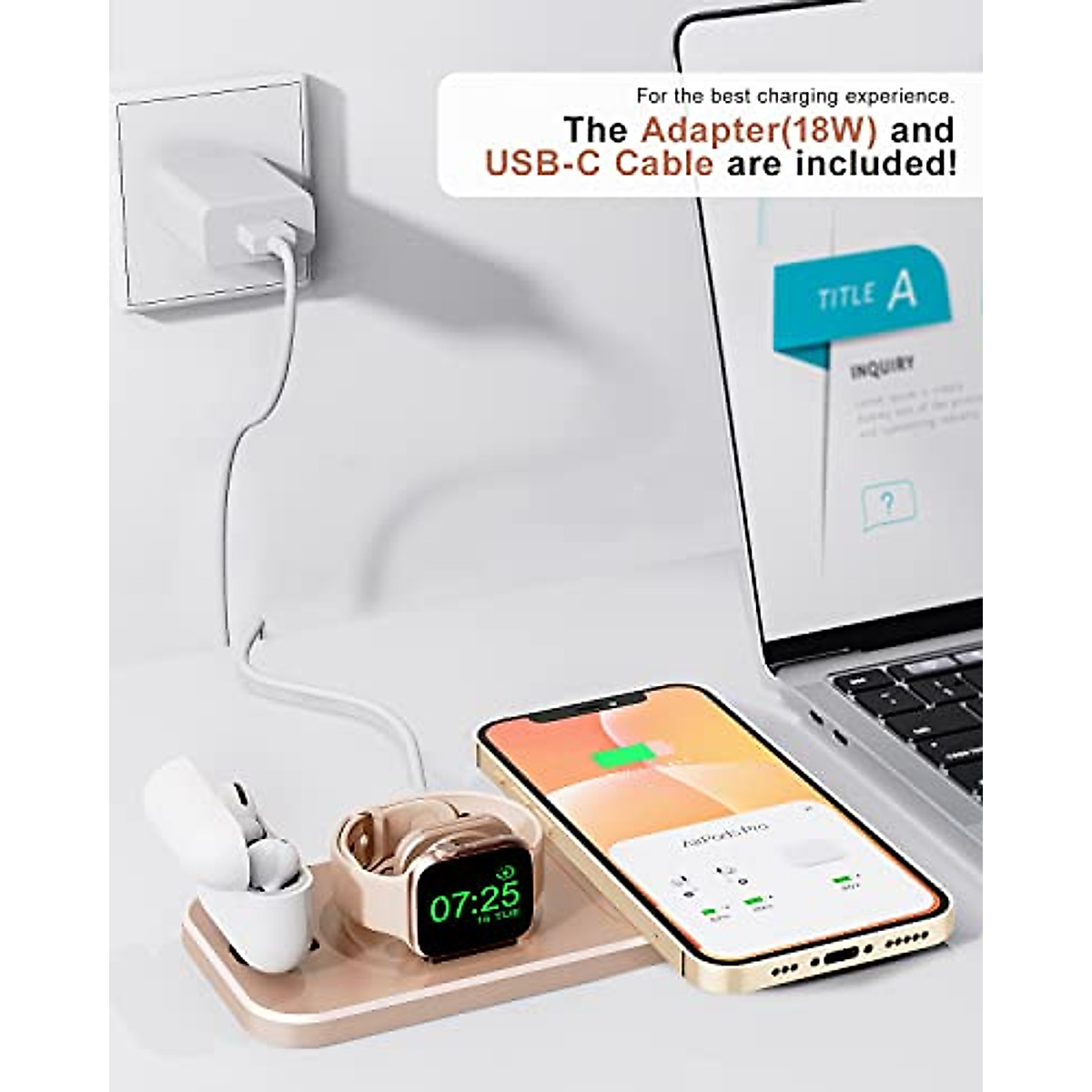 PUDOEN Wireless Charger, Foldable 3 in 1 Charging Station for Apple Multiple Devices, 18W Fast Charging Stand Compatible with Apple iWatch Series 7/6/SE/5/4/3/2/1, for iPhone AirPods Pro 3/2/1-Rose