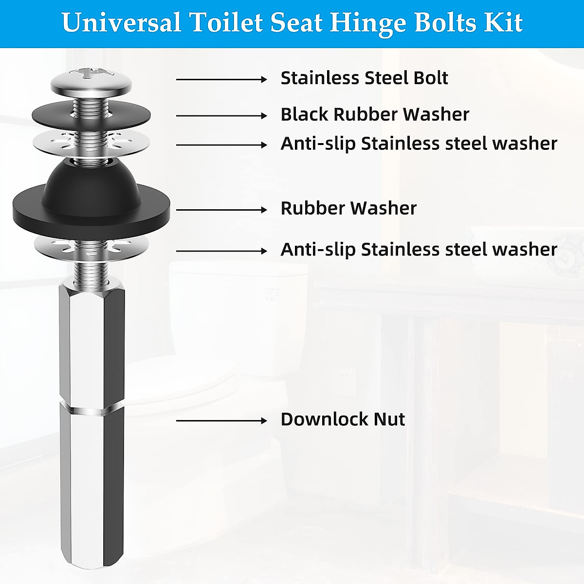 Hibbent 2 PCS Universal Toilet Seat Bolts Kit, Heavy Duty Stainless Steel Toilet Bolts with Extra Long Downlock Nuts Rubber Washers Gaskets, Easy to install -Bathroom Toilet Repair Screw