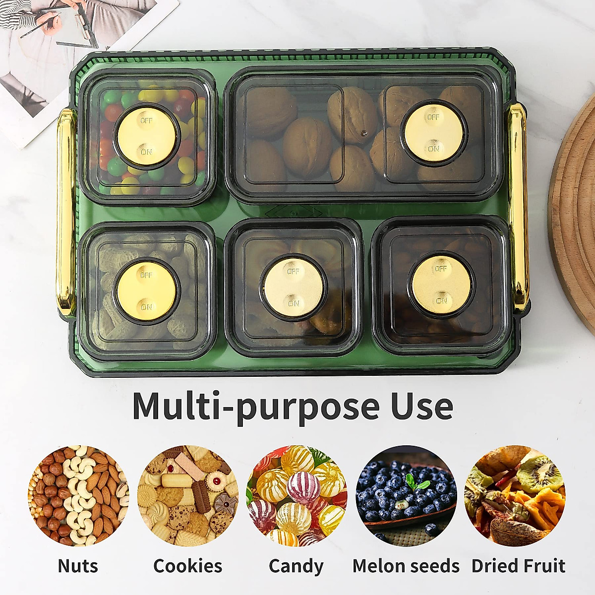 BFU split sealed snack box, covered dried fruit tray, Candy food storage box, split tray, 5 independent snack boxes, cooked food containers, 12 inches