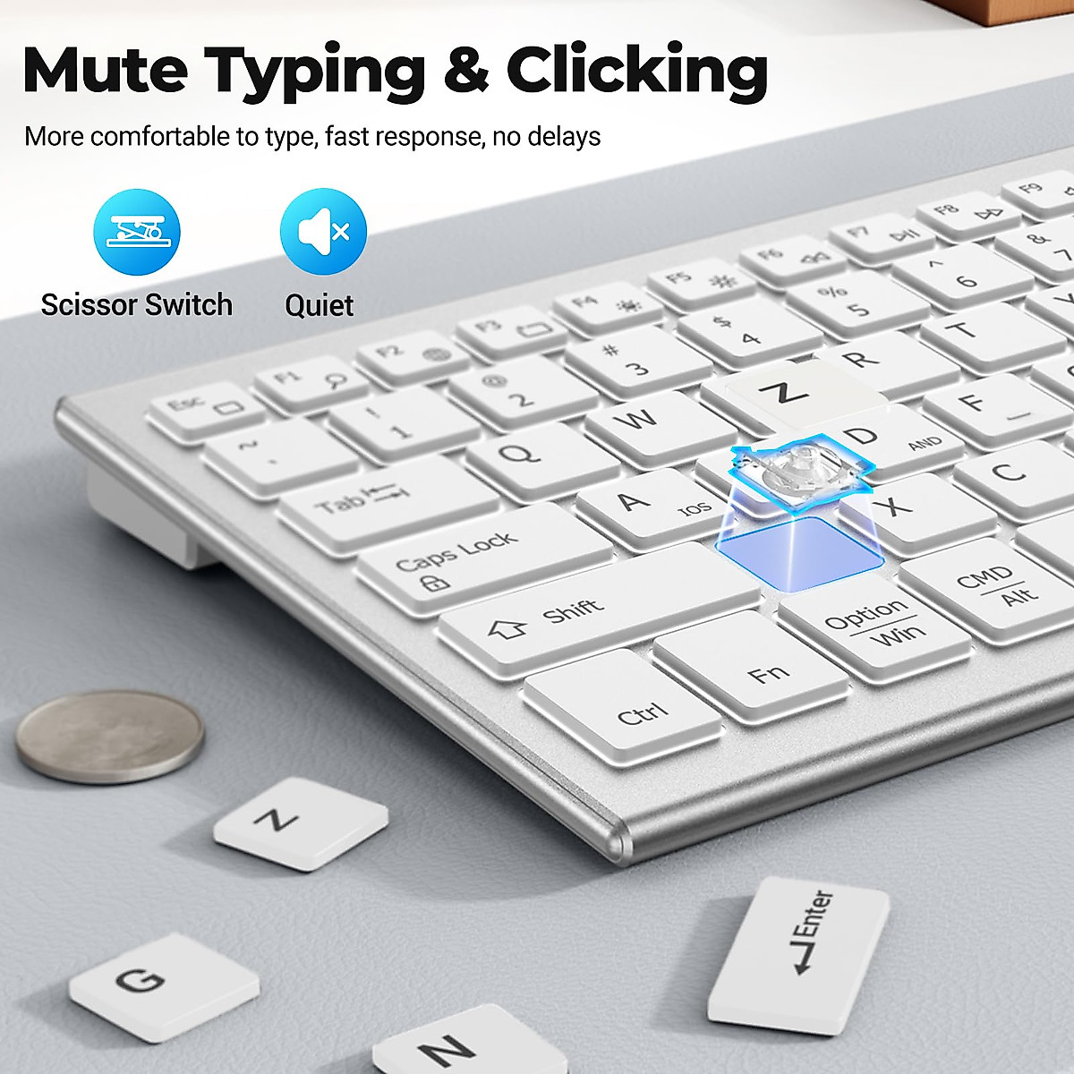 FENISIO Wireless Keyboard Mouse, Ultra Slim Bluetooth 2.4G Slient Wireless Keyboard and Mouse Combo with Backlit, Multi-Device USB Rechargeable Keyboard Mouse for Laptop PC Windows Desk (Silver White)