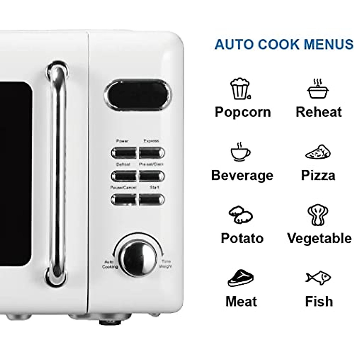Emerson MWR7020W Compact Countertop Microwave Oven with Button Control, LED Display, 700W 5 Power Levels, 8 Auto Menus, Glass Turntable and Child Safe Lock, 0.7, Retro White