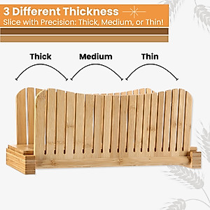 Deen Dynamics Premium Bamboo Bread Slicer for Homemade Bread, Bread Slicer with 3 Slice Thickness, Foldable bread slicer with Stainless steel knife and Compact Chopping Cutting Guide with Crumb Tray