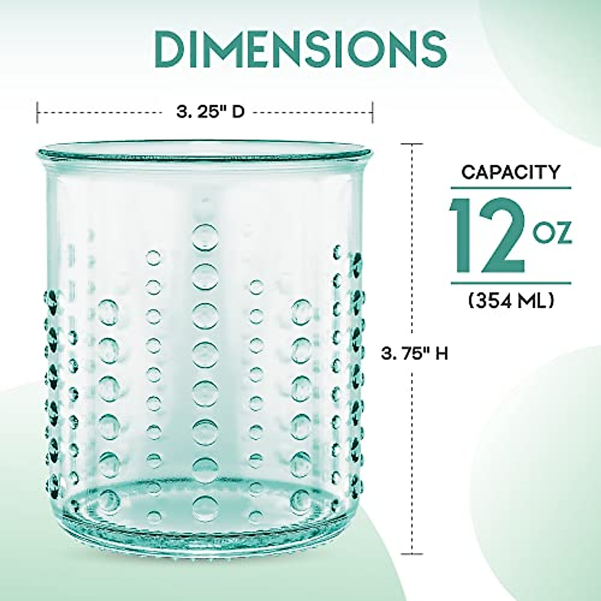 Amici Home Urchin DOF Glass | 12 Oz | Italian Made, Recycled Green Glass | Hobnail Drinking Glass for Water, Iced Tea, Milk, Juice, Cocktails, Fresh Drinks (Set of 6)