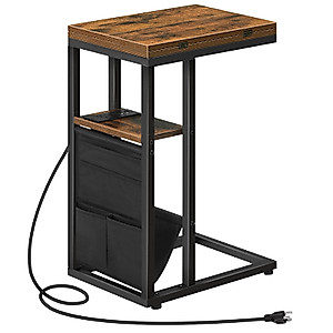 HOOBRO C Shaped Side Table with Charging Station, Foldable End Table with Storage Bag, Sofa Couch Table Snack Table for Small Space in Living Room, Bedroom, Rustic Brown and Black BF101USF01