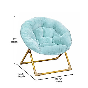 Flash Furniture Gwen Kids Cozy Mini Folding Saucer Chair - Dusty Aqua Faux Fur Moon Chair - Soft Gold Metal Frame - 23" Portable Folding Chair For Living or Bedroom
