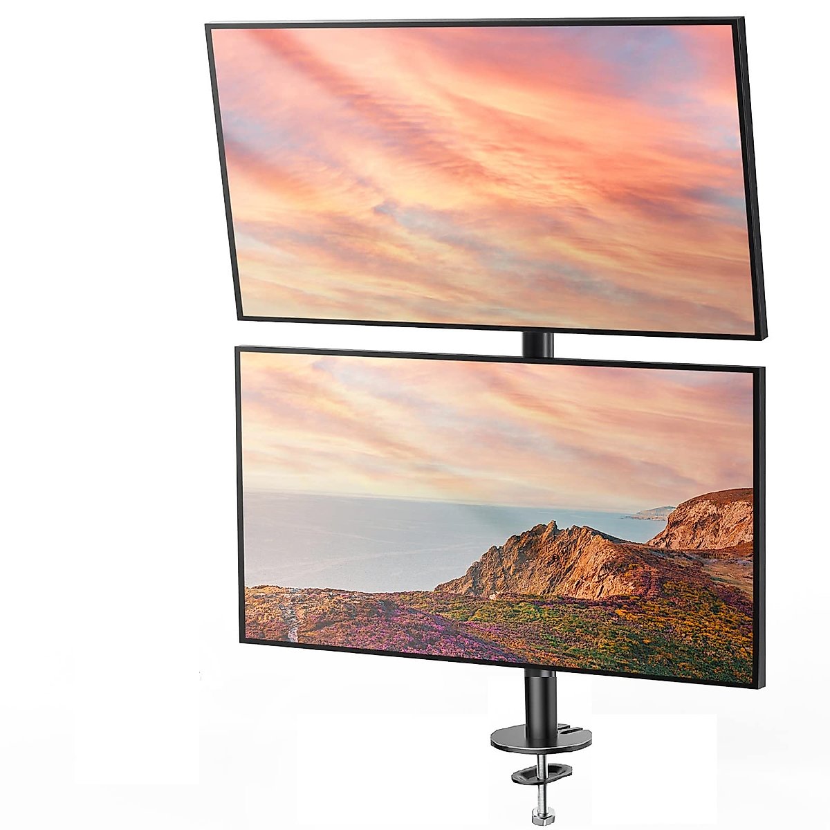 HUANUO Vertical Dual Monitor Mount, Stacked Monitor Stand for 2 Monitors with Height Adjustment Computer Monitor Arm Supports Two 17 to 32 Inch with C Clamp Each Monitor Desk Mount Hold up to 17.6lbs