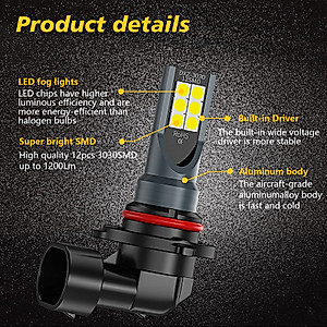 GKmow 2 PCS 9005 Car Fog Light Bulb, 3030 12SMD 50000H 6000K High Brightness Stable Light Source Reversing Light, 1500LM 360° Lighting Tail Light, Suitable Most Car Models (White) (GKQZD2001WH-9005)