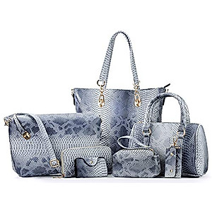 HOXIS Pack of 7 Bags Women Multi-purpose Classic Design Patent Purse Leather Leatherette Shoulder Handbag (Light Color Snake Pattern)