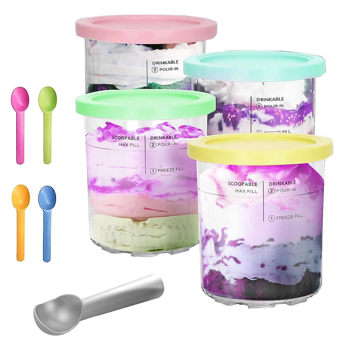 Tooneus 4 Pack Ninja Creami Deluxe Pints Compatible with NC500 NC501 Series Creami Ice Cream Makers for Ninja Creami Deluxe Containers Hold 24 oz of Food with ice cream scoop