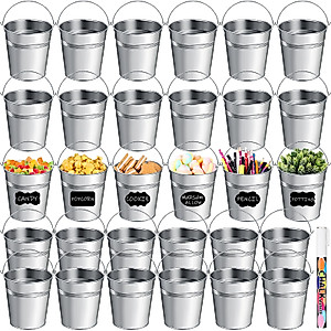 Rtteri 30 Pcs Small Galvanized Metal Buckets Bulk 5 X 4.5 Inches with Chalkboard Labels and Dry Erase Pen Snack Baskets for Wedding Decorations, Garden Planters, Party