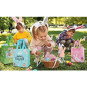 16 Pack Easter Gift Bags Reusable Tote Bag With Handle, Bunny Easter Egg Non-Woven Bag Foldable Water Resistant Treat Bag for Holiday Party Favors …