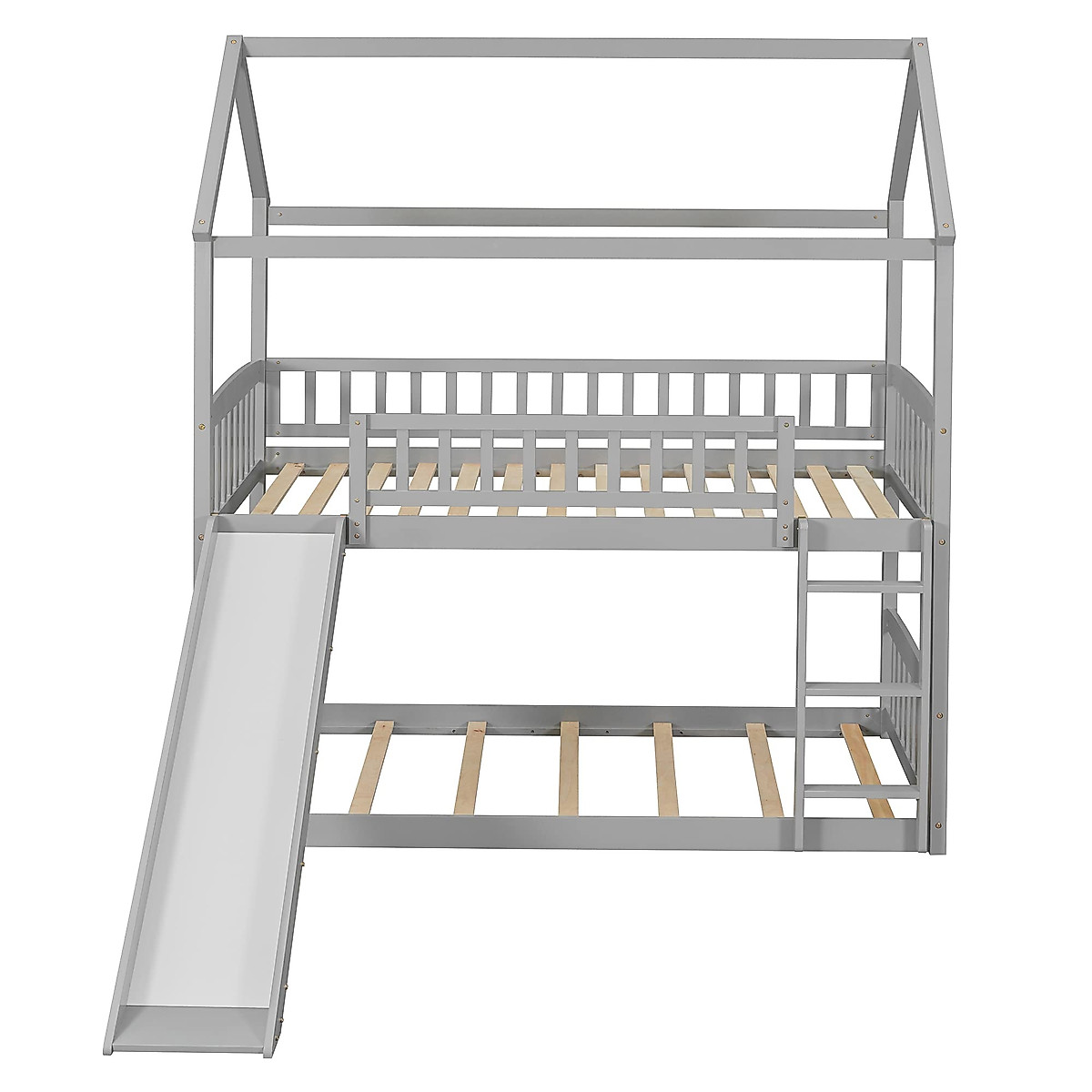 House Bunk Beds with Slide Twin Over Twin Floor Bunk Bed Frame Wood Playhouse Bunkbed with Storage for Kids Toddlers Girls/Boys, Gray