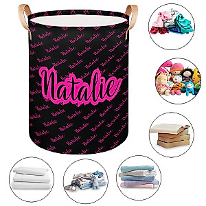Personalized Laundry Basket, Custom Gift Laundry Hamper, Collapsible Nursery Waterproof Laundry Baskets, Dirty Clothes Toy Hamper with Handles Name Black Hot Pink