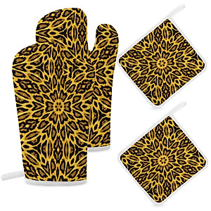 Oven Mitts and Pot Holders Sets for Safe BBQ Cooking and Backing, Animal Leopard Print Kitchen Insulated Pot Holder Pad with Heat Resistant Gloves, 4 Pieces, MBW100