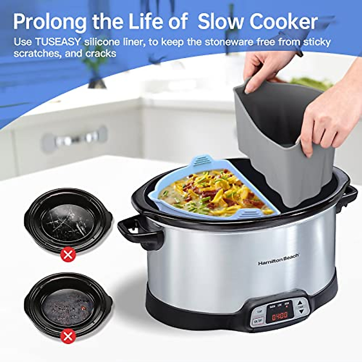 TUSEASY Slow Cooker Liners Compatible for Crock Pot 6-7 Quart Oval Slow Cooker, Silicone CrockPot Divider Insert Reusable, Leak Proof, BPA Free, Dishwasher Safe, Non-Stick (Grey+Blue)