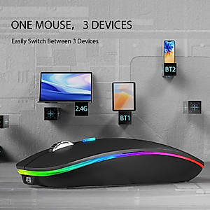 TENMOS Wireless Bluetooth Mouse, LED Slim Dual Mode (Bluetooth 5.1 + USB) 2.4GHz Rechargeable Silent Bluetooth Wireless Mouse with Type C Adapter for Laptop/Macbook/iPad OS 13 and above (Matte Black)