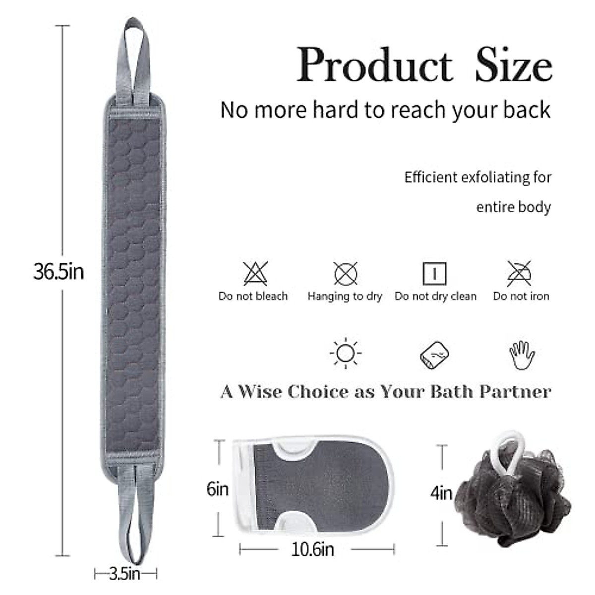S&R PLKOP Exfoliating Body Scrubber Set - Includes Back Scrubber, Bath Glove and Shower Bath Sponge Loofah - for Women and Men Shower - Deep Clean and Vitalize Your Skin - 3-Pack(36.5*3.7 Inch, Grey)