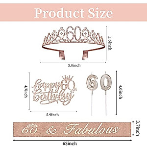 60th Birthday Decorations Women, Including 60th Birthday Crown/Tiara, Sash, Cake Topper and Candles, 60th Birthday Gifts for women