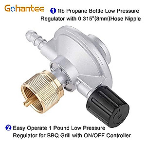 gohantee Propane Low Pressure Regulator Ajustable Flow with 8mm Barb Hose Connection Connect 1LB Disposal Bottle Valve for Camping Stove