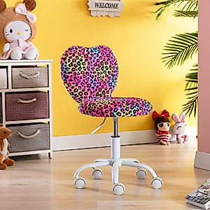 LZAREAL Cute Fuzzy Kids Chair for Teenage Girls Rolling Study Desk Student Chair Furry Computer Task Chair, Adjustable Heart Shaped Reading Vanity Chair for Bedroom, Leopard