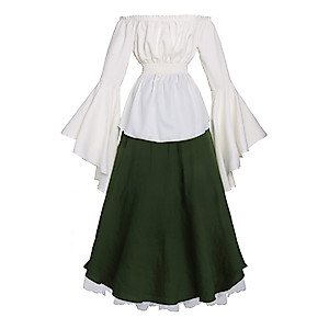 Vibsion Womens Renaissance Victorian Costume Medieval Dress Trumpet Sleeve Plus Size Ren Faire Shirt and Skirt S/M