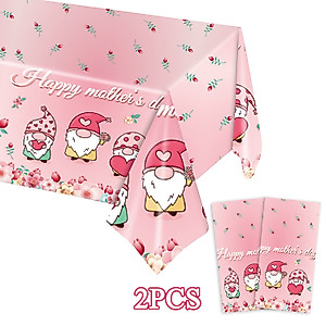 FANPROMS Mother's Day Tablecloth Rectangle 2 Pack 54x108 Inch Pink Tulip Table Cloth for Happy Gnomes Table Cover Waterproof Disposable Tablecloth for Best Mom Day Party Dinner Decor