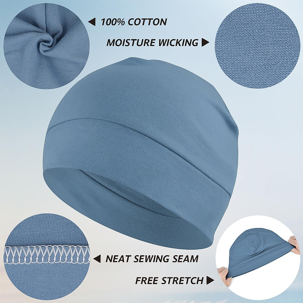 Headshion Cotton Skull Caps for Men Women,2-Pack Lightweight Beanie Sleep Hats Breathable Helmet Liner Navy Blue,Denim Blue