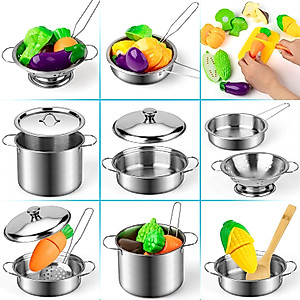 Juboury Kitchen Pretend Play Toys with Stainless Steel Cookware Pots and Pans Set, Cooking Utensils, Apron & Chef Hat, Cutting Vegetables for Kids, Girls, Boys, Toddlers