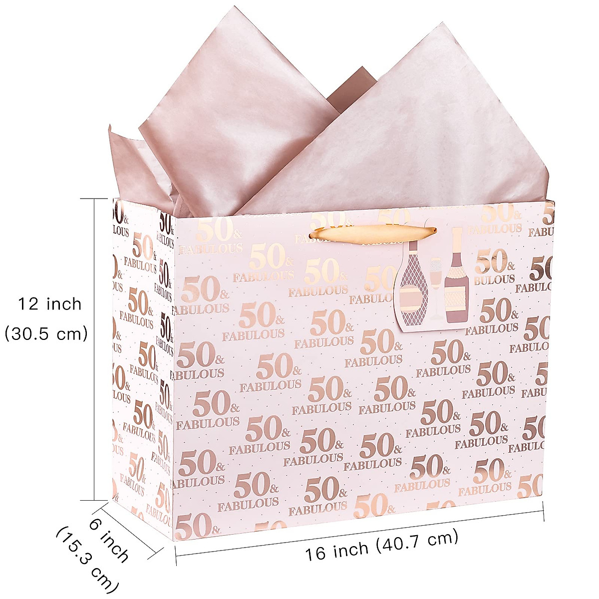 LeZakaa 16" Large Gift Bag with Tissue Paper, Gift Tag and Card,50 & Fabulous Lettering with Metallic Gold Foil on Pink for Anniversary, Birthday