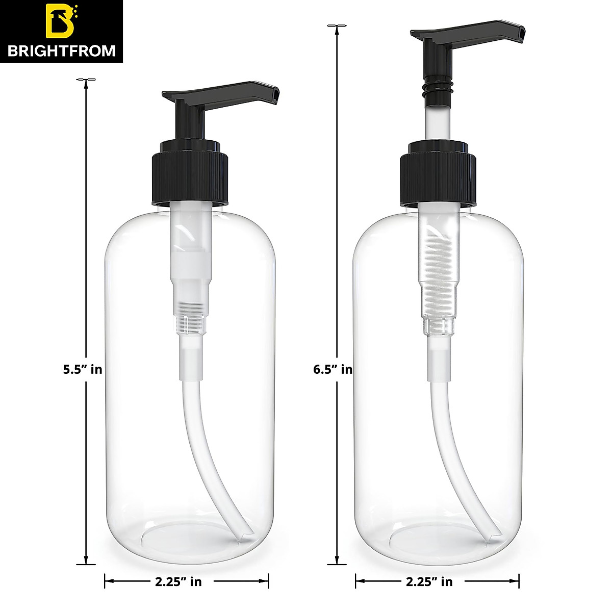 BRIGHTFROM Empty Lotion Pump Bottles 8 Oz, Refillable Plastic Containers, BPA-Free PETE1, Clear, Great for - Soap, Shampoo, Lotions, Liquid Body Soap, Creams and Massage Oil's (Pack of 2, Black)