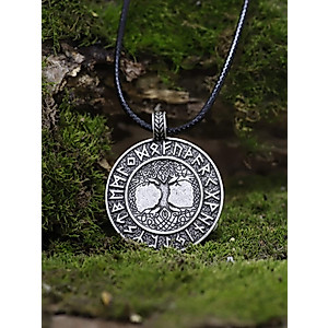 HAQUIL Tree of Life Necklace, Viking Runes Yggdrasil Medallion Pendant, Faux Leather Cord, Viking Jewelry Gift for Women