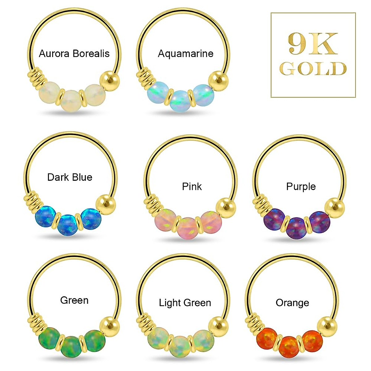 PiercingPoint Triple Blue Opal Stone 9K Solid Yellow Gold 22 Gauge Hoop Nose Ring - Cartilage Hoop - Tiny Nose Hoop - Tragus Ring