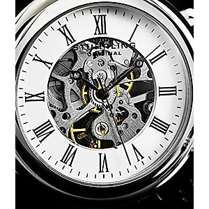 Stuhrling Original Men's Pocket Watch Stainless Steel Analog Skeleton Watch Hand Wind Mechanical Movement Stainless Steel Chain
