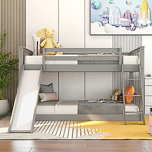 Harper & Bright Designs Bunk Bed Twin Over Twin,Wooden Twin Bunk Bed with Slide & Angled Ladder, Low Profile Toddler Bunk Beds for Kids, Floor Bunk Beds for Girls Boys,Grey
