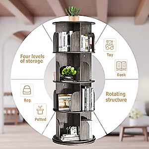 LAZEYARD Rotating Bookshelf, Rotating Bookshelf Tower for Small Space, 360 Display 4 Tier Floor Standing Storage Rack, Wood Narrow Book Shelf for Bedroom, Living Room